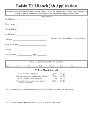 Fillable Online Raisin Hell Ranch Job Application Fax Email Print ...