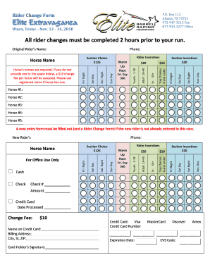 Fillable Online Rider Change Form PO Box 112 Elite Extravaganza Fax ...