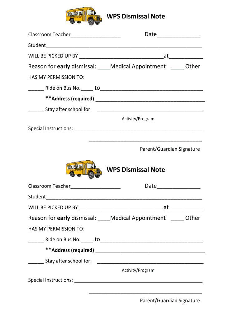 Early Pick Up From School Note To Teacher - Fill Online, Printable ...