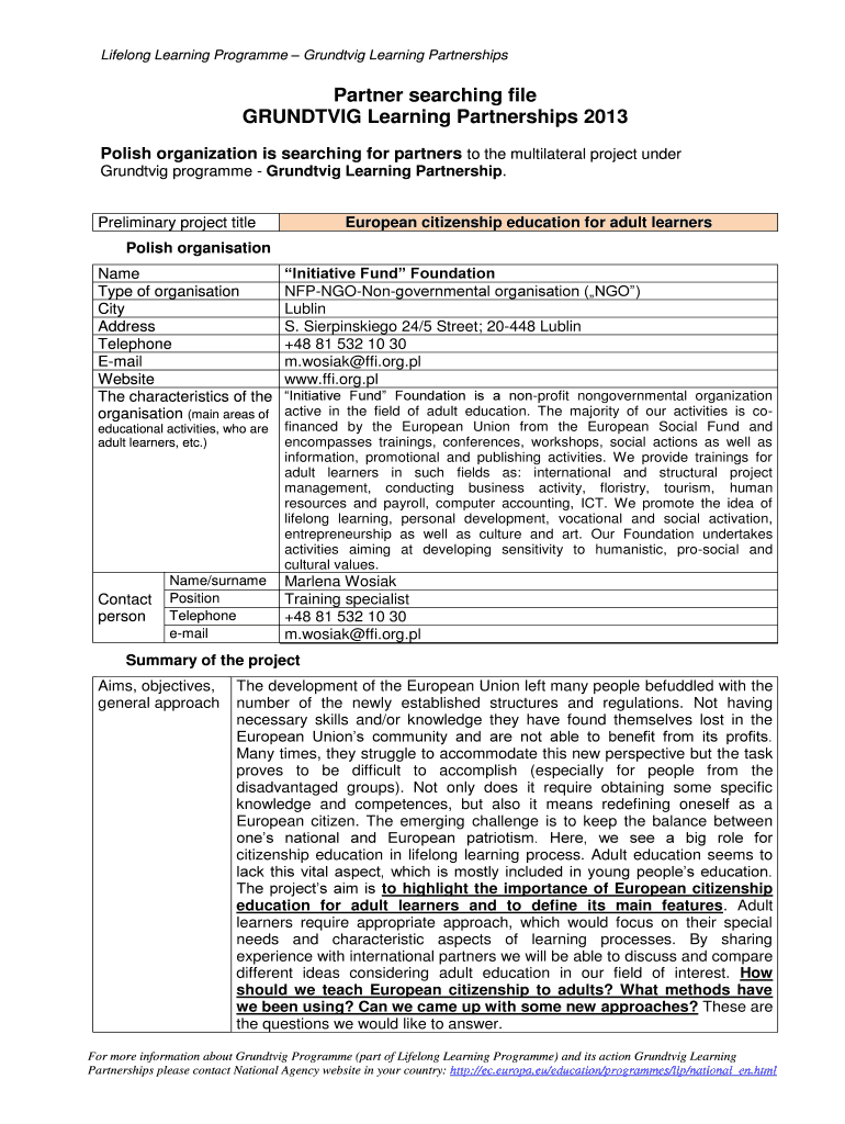 Fillable Online Lifelong Learning Programme Grundtvig Learning ...