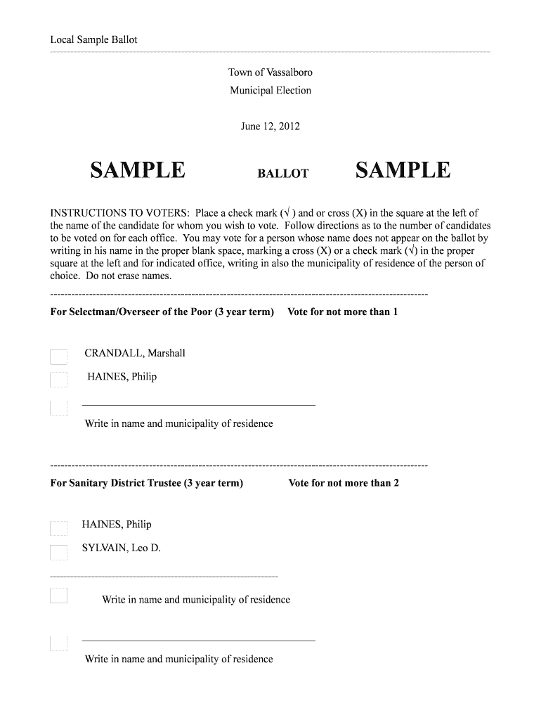 Fillable Online SAMPLE BALLOT SAMPLE - Town of Vassalboro Fax Email ...