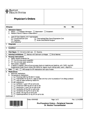 Fillable Online Pre-Procedure Orders - Peripheral Vasculardoc Fax Email ...