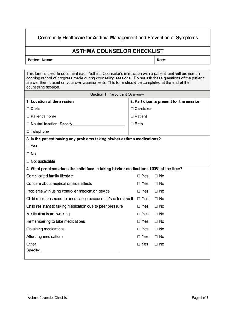 Fillable Online asthmacommunitynetwork ASTHMA COUNSELOR CHECKLIST ...