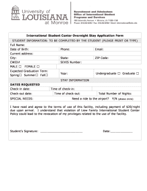 Fillable Online webservices ulm International Student Center Overnight ...