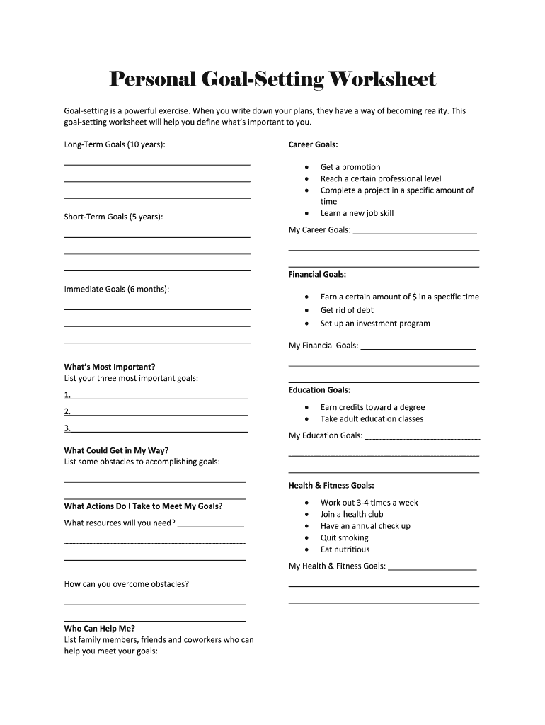 Fillable Online Personal Goal-Setting Worksheet Fax Email Print - pdfFiller