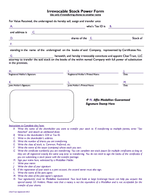 Fillable Online Irrevocable Stock Power Form Use only if transferring ...