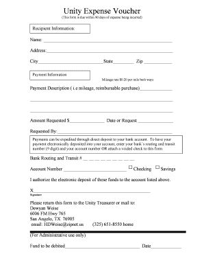 Fillable Online unityofthebrethren Unity Expense Voucher Fax Email ...
