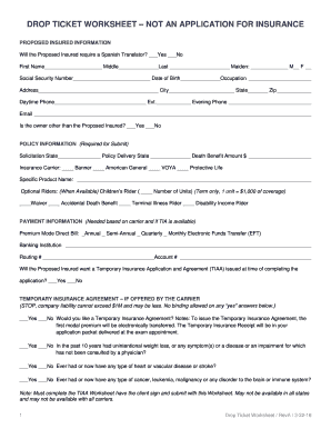 Fillable Online Drop Ticket Worksheet NOT AN APPLICATION FOR INSURANCE ...