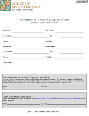 Fillable Online cab-bc Re-instatement - Membership Application Form Fax ...