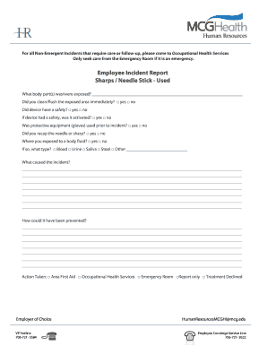 Fillable Online Employee Incident Report Sharps Needle Stick - Used Fax ...