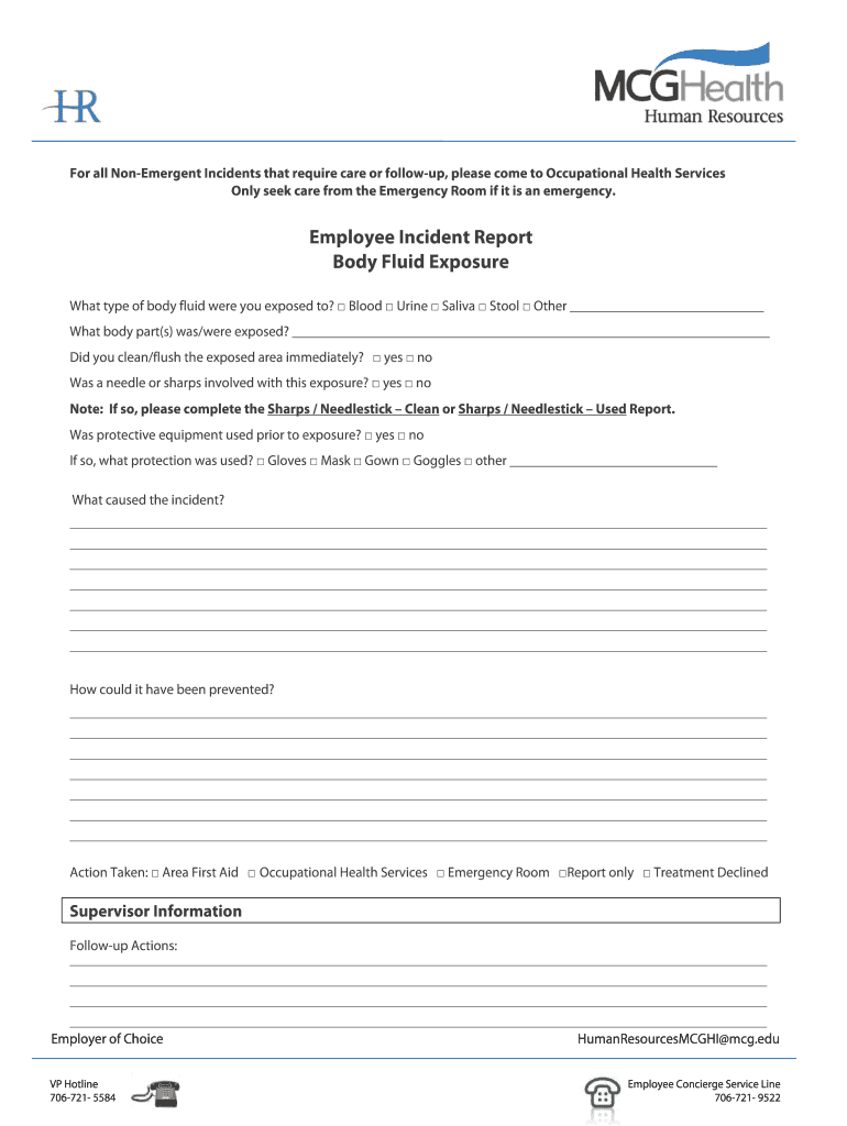 Fillable Online Employee Incident Report Body Fluid Exposure - PAWS Fax ...