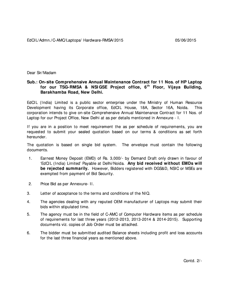 Fillable Online Sub On-site Comprehensive Annual Maintenance Contract ...