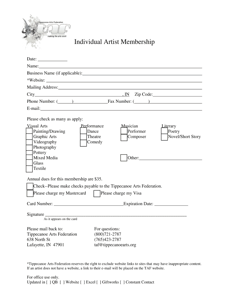 Fillable Online tippecanoearts Individual Artist Membership ...
