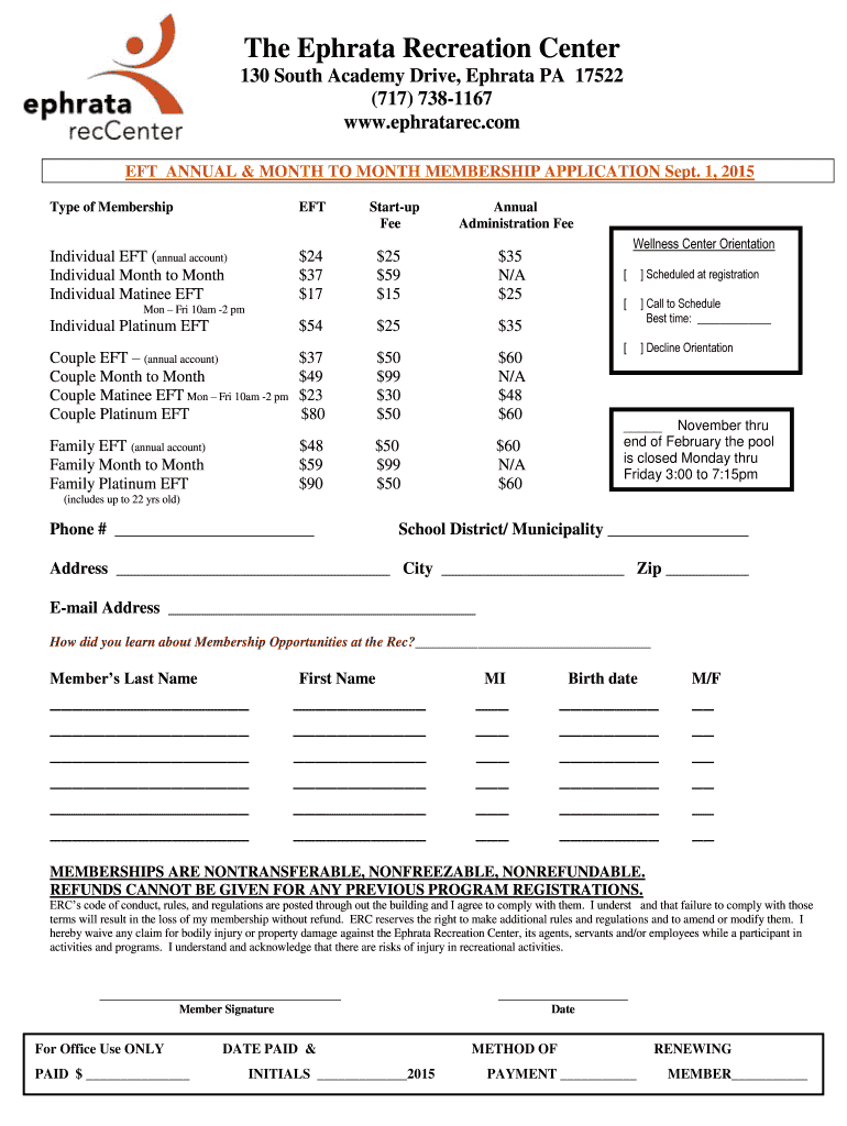 Fillable Online EFT ANNUAL & MONTH TO MONTH MEMBERSHIP APPLICATION Sept ...