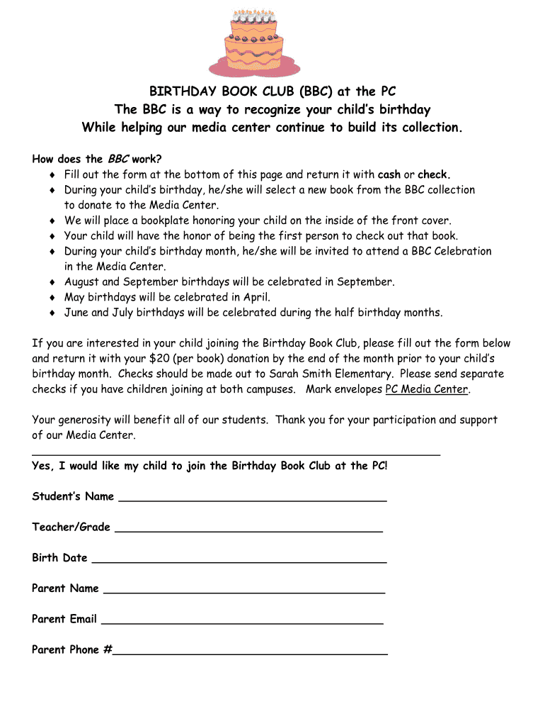 Fillable Online BIRTHDAY BOOK CLUB BBC at the PC The BBC is a way to ...