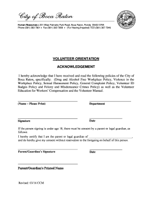 Fillable Online VOLUNTEER ORIENTATION ACKNOWLEDGEMENT Fax Email Print ...