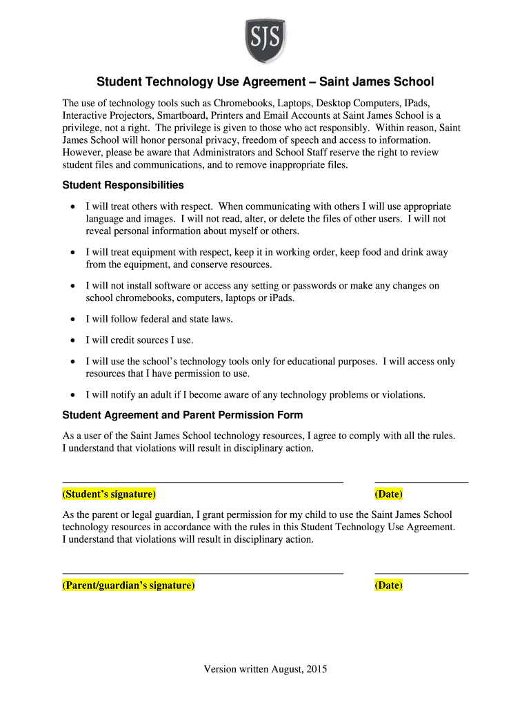 Fillable Online St James student Technology Use Agreement 2014 Fax Email Print - pdfFiller