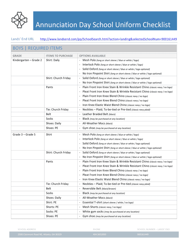 Fillable Online atlgoc Annunciation Day School Uniform Checklist ...