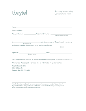 Fillable Online Security Monitoring Cancellation Form - Tbaytel Fax ...