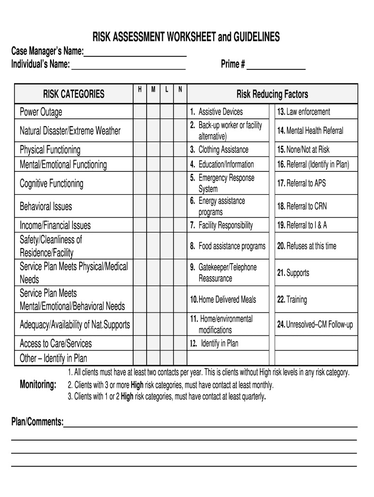 Fillable Online dhs state or Risk Assessment Worksheet and Guidelines ...