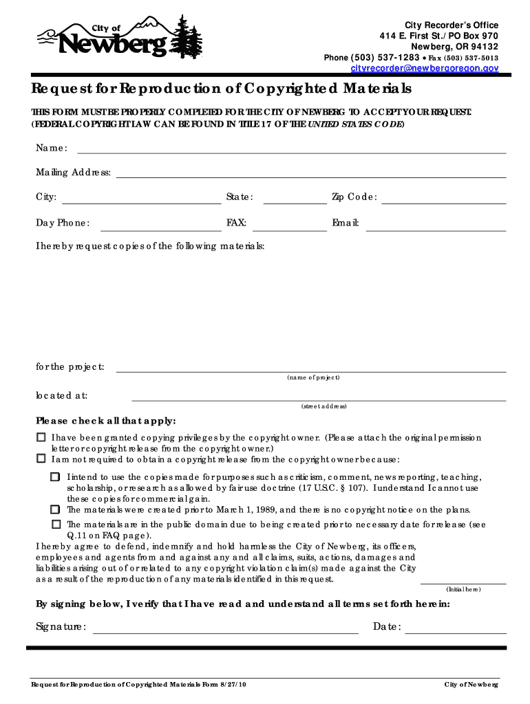 Fillable Online Request for Reproduction of Copyrighted Materials Fax Email Print - pdfFiller