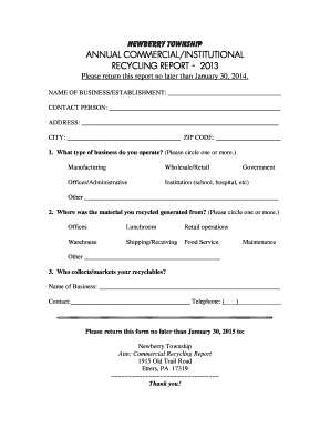 Fillable Online COMMERCIAL RECYCLING REPORT - newberrytwpcom Fax Email ...
