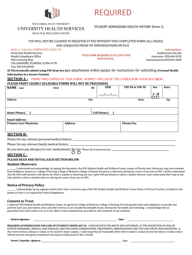 Fillable Online healthcenter fsu REQUIRED - Florida State University ...