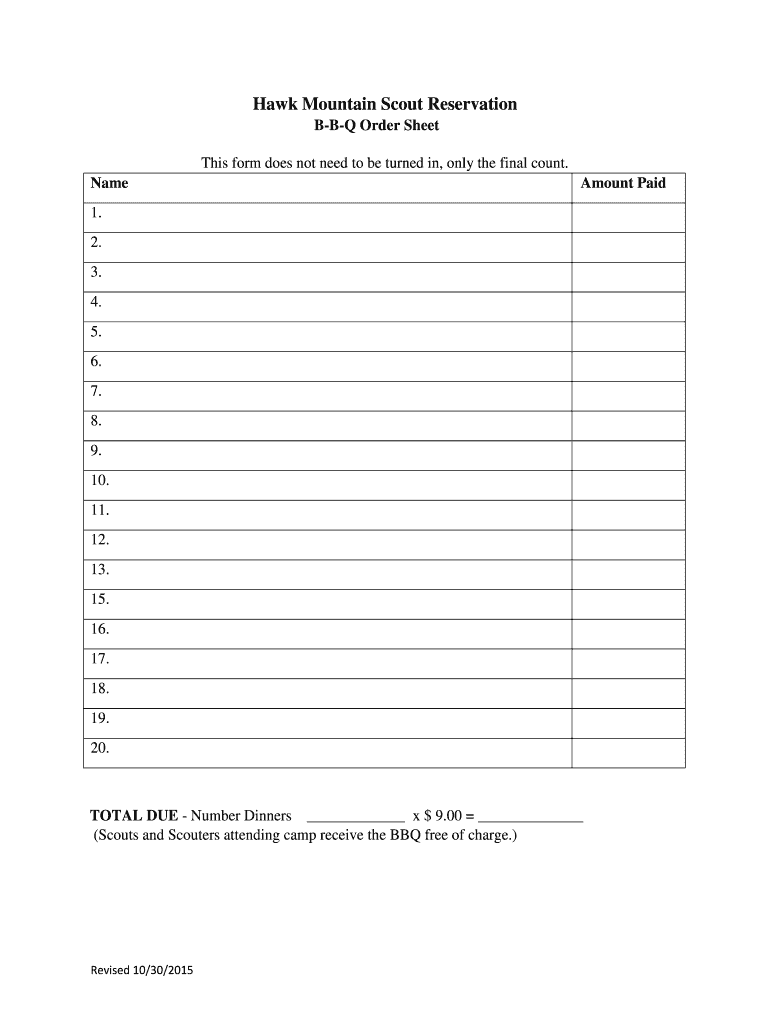 Fillable Online Hawk Mountain Scout Reservation BBQ Order Sheet This ...