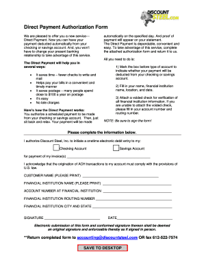 Fillable Online Direct Payment Authorization Form - Discount Steel Fax ...