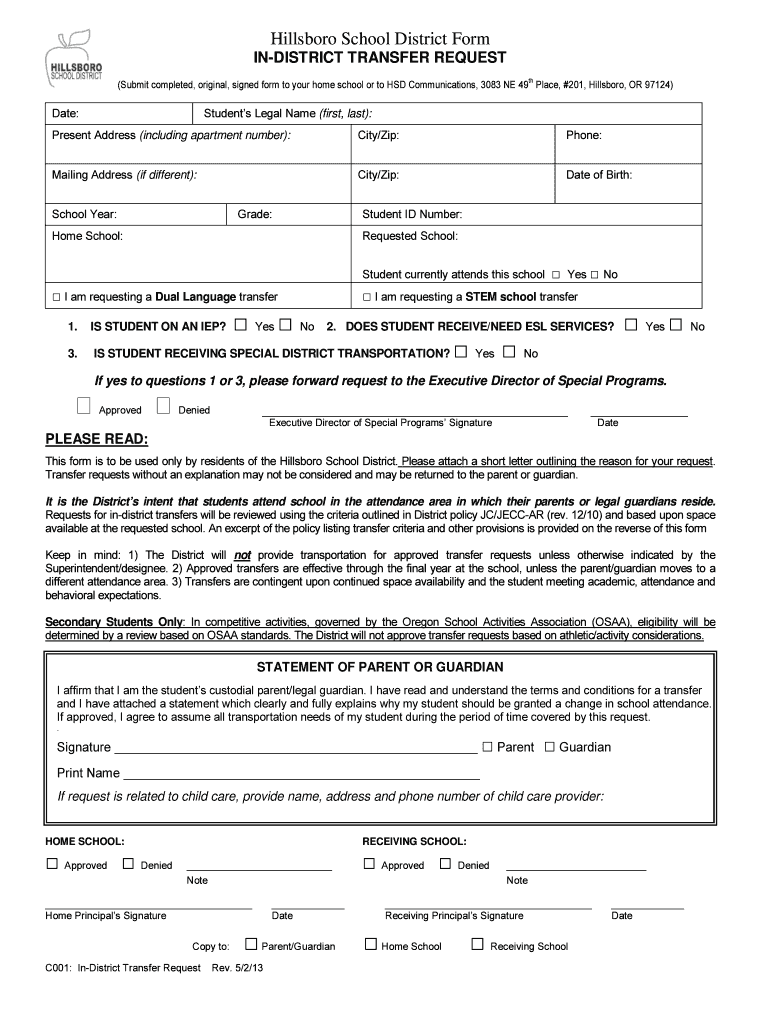 Fillable Online In-District Transfer Request 050213 - Hillsboro School District Fax Email Print ...