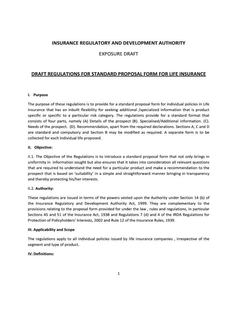 Fillable Online Standard Proposal Form For Life Insurance Policies - IRDA Fax Email Print ...