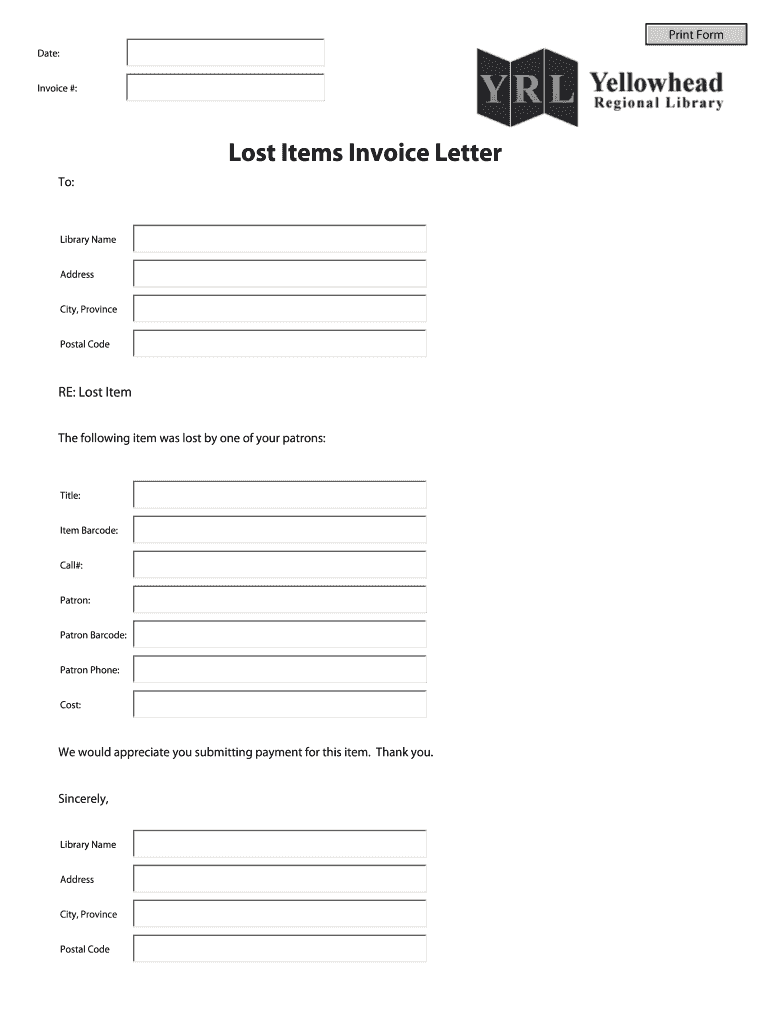 Fillable Online Lost Items Invoice Letter - Yellowhead Regional Library ...