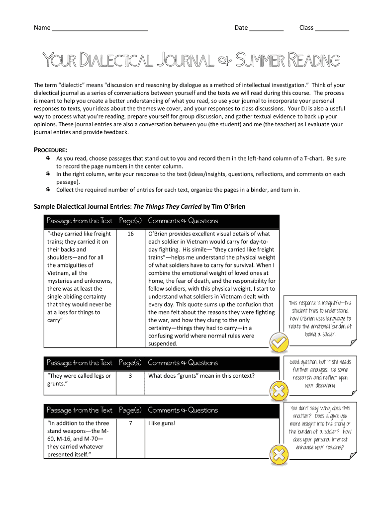 Fillable Online whs willisisd Sample Dialectical Journal Entries The ...