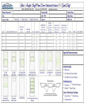 Fillable Online GlassAcrylicVinyl Prime Door ORDER FORM Quote Only Fax ...