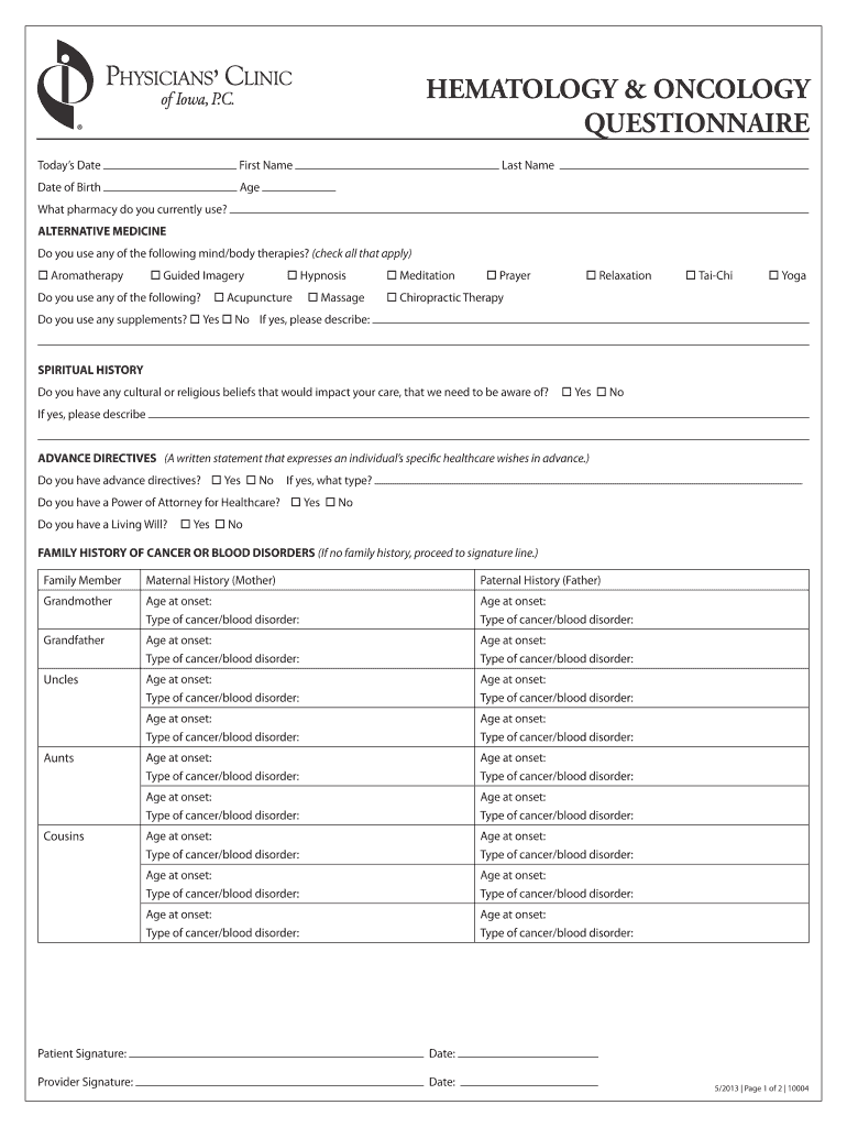 Fillable Online HEMATOLOGY amp ONCOLOGY QUESTIONNAIRE Fax Email Print ...