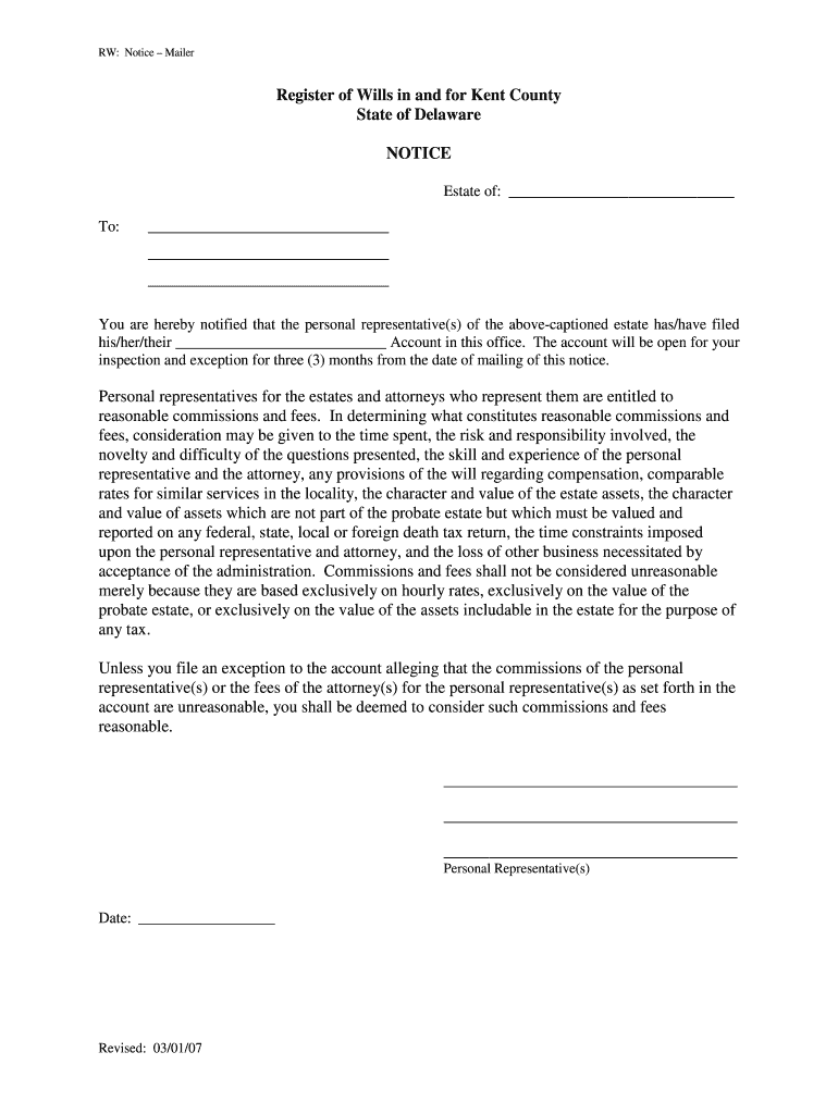 Fillable Online co kent de State of Delaware NOTICE Estate of To Fax ...