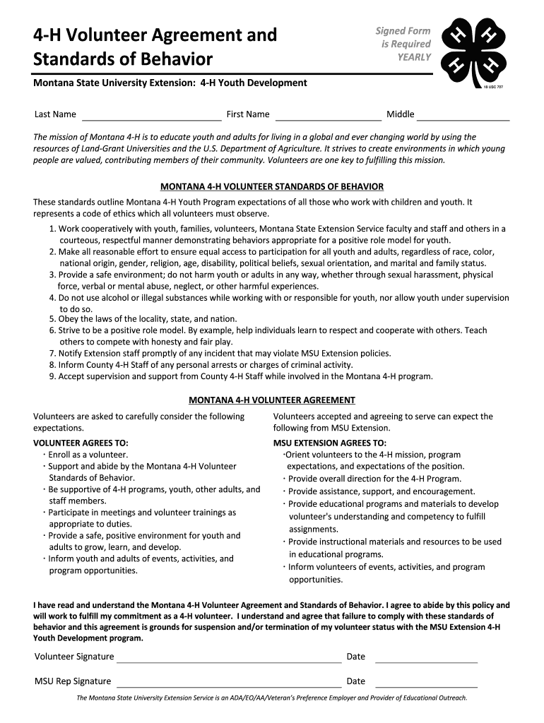 Fillable Online cms msuextension 4-H Volunteer Agreement and Standards of Behavior - MSU ...