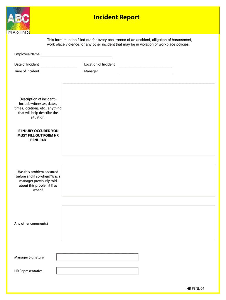 Fillable Online Incident Report - ABC Imaging Printing Services Fax ...