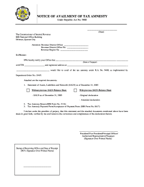 Fillable Online ftp bir gov Notice of availment of tax amnesty - Bureau ...