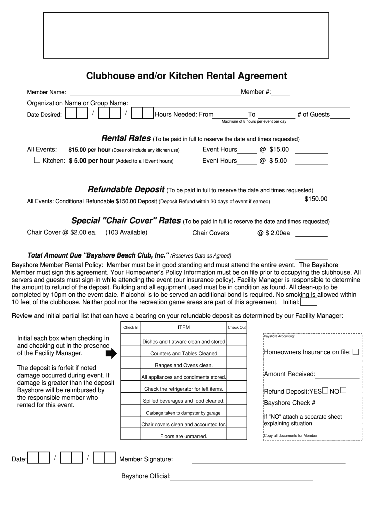 Fillable Online Clubhouse andor Kitchen Rental Agreement Fax Email ...