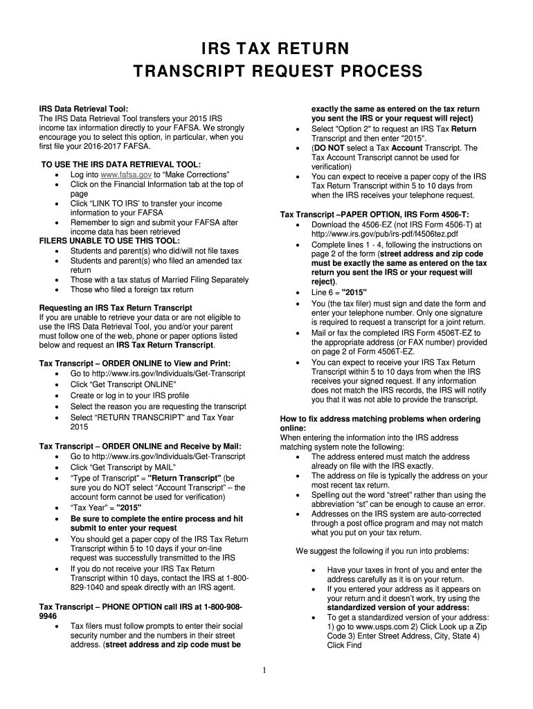 Fillable Online IRS Tax Transcript Request 2016-2017 IRS Tax Transcript ...