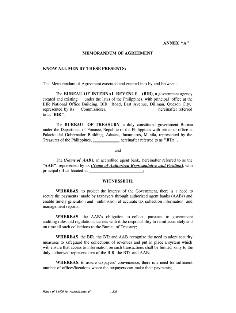 Fillable Online ftp bir gov This Memorandum of Agreement executed and ...