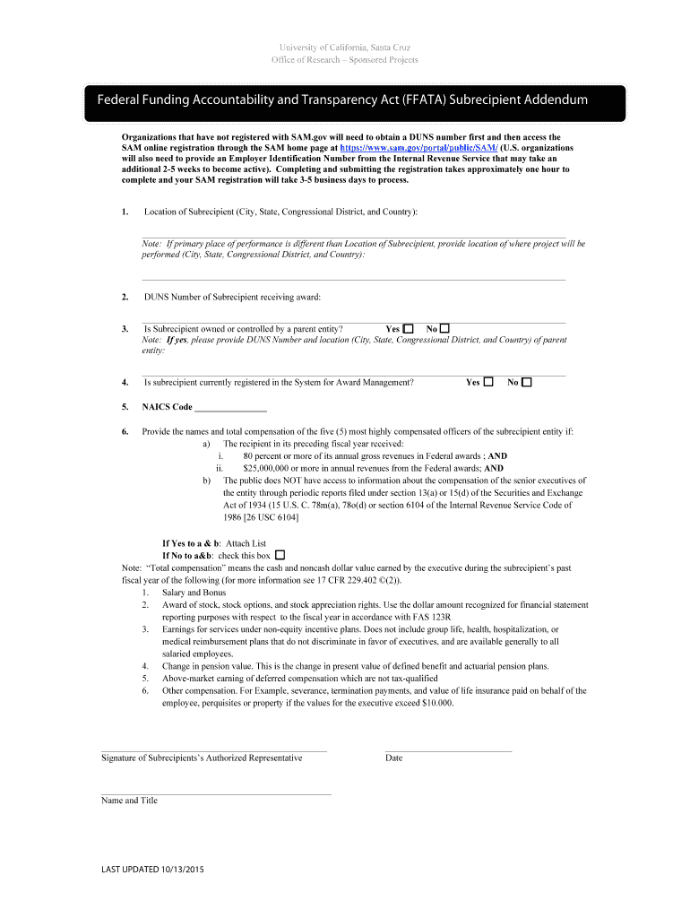 Fillable Online Subrecipient FFATA Addendum Fax Email Print - pdfFiller