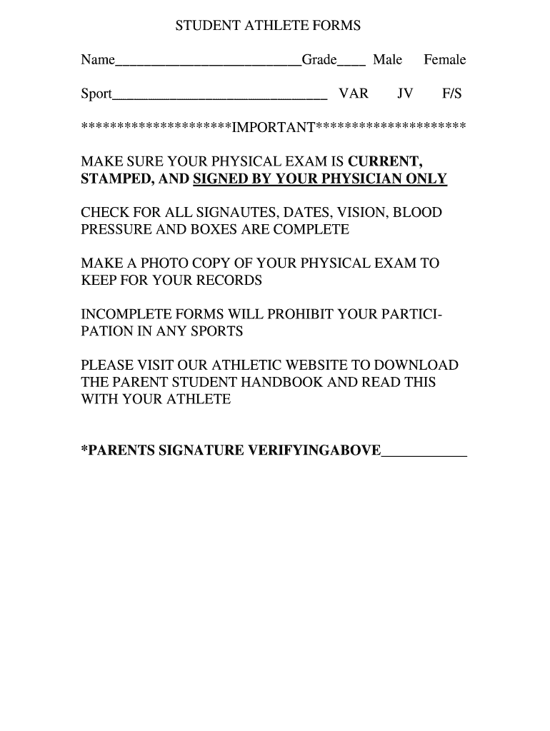 Fillable Online palihigh STUDENT ATHLETE FORMS Name Grade Male Female ...