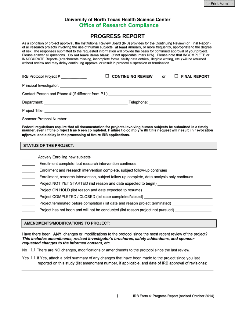 Fillable Online IRB Progress Report - UNT Health Science Center Fax ...