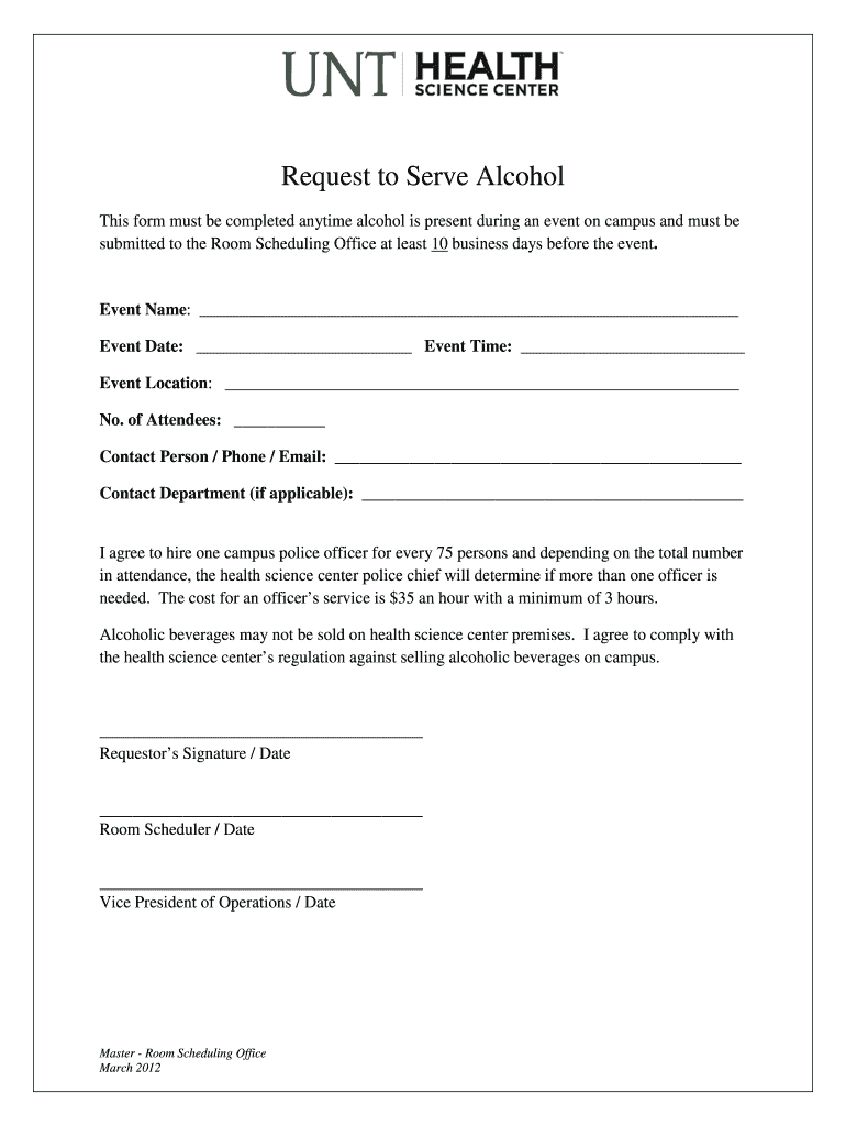 Fillable Online Request to Serve Alcohol bFormb - UNT Health Science ...