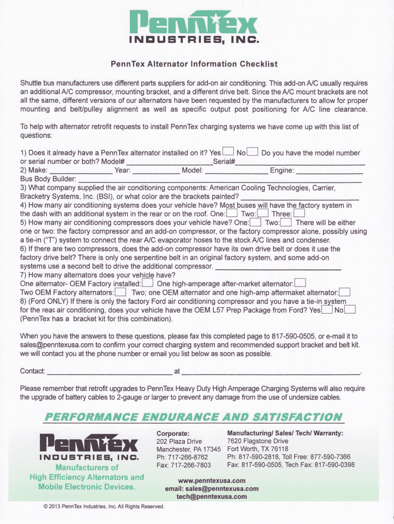 Fillable Online PennTex Alternator Information Checklist Fax Email ...
