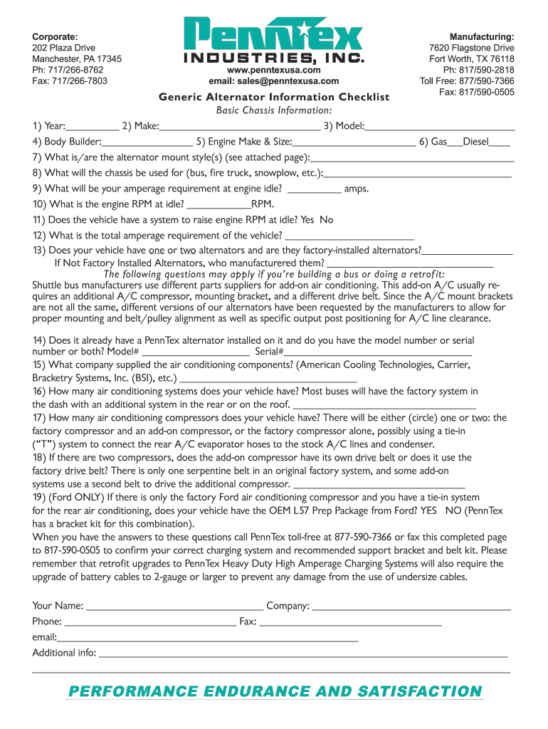 Fillable Online Generic Alternator Information Checklist. Checklist of ...