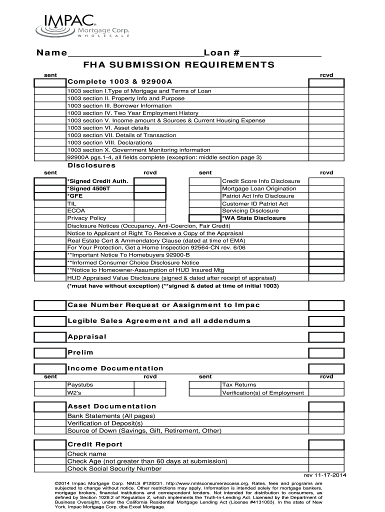Fillable Online Name Loan FHA SUBMISSION REQUIREMENTS Fax Email Print ...