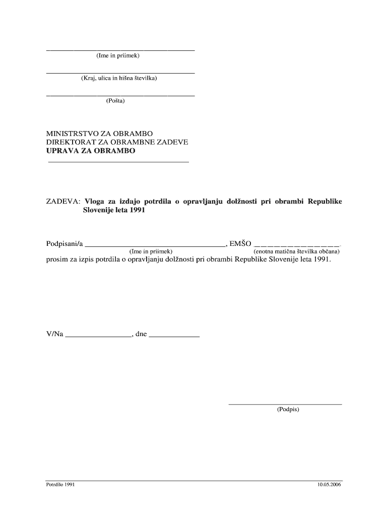 Fillable Online Vloga za izdajo potrdila o opravljanju dolnosti pri ...